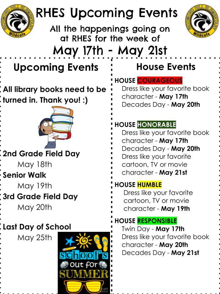 RHES May 17th Upcoming Events | Richmond Hill Elementary School
